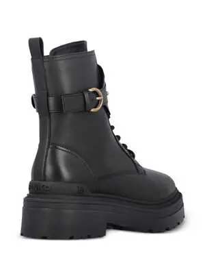 Pinko Leather Combat Boots With Signature Buckle - Black