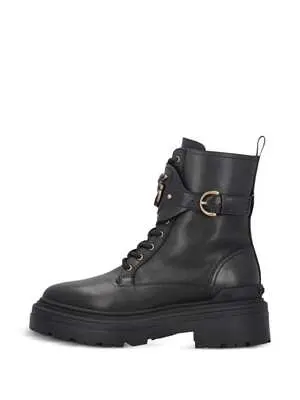 Pinko Leather Combat Boots With Signature Buckle - Black