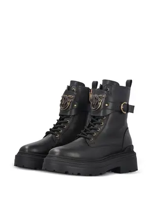 Pinko Leather Combat Boots With Signature Buckle - Black