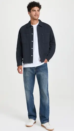 FRAME Textured Terry Double Pocket Relaxed Shirt - Navy