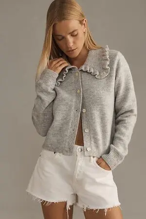 SELF CONTRAST The Asley Ruffle-collar Cardigan Sweater - Grey