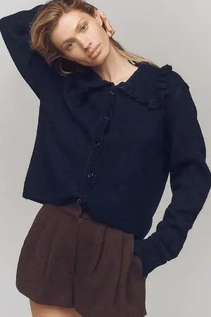 SELF CONTRAST The Asley Ruffle-collar Cardigan Sweater - Navy