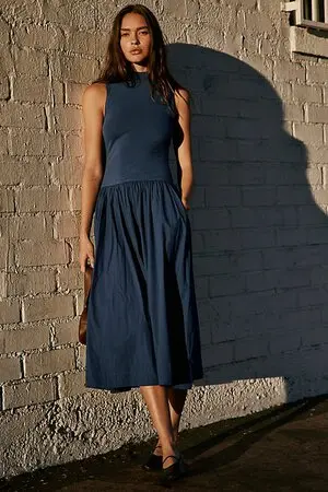 Free People Pepita Midi Dress Dark Denim