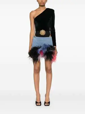 LOULOU Feather-trim Denim Mini Skirt