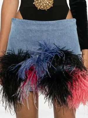 LOULOU Feather-trim Denim Mini Skirt