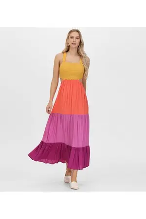 THE FRYE COMPANY Frye Smocked Color Block Maxi Dress - Red