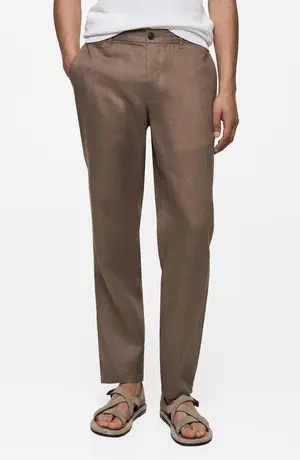 Mango Slim Fit Linen Trousers - Medium Brown