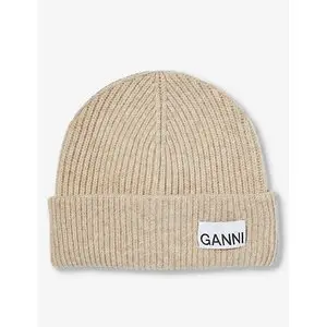 GANNI Logo-patch Wool-blend Beanie - Brazilian Sand