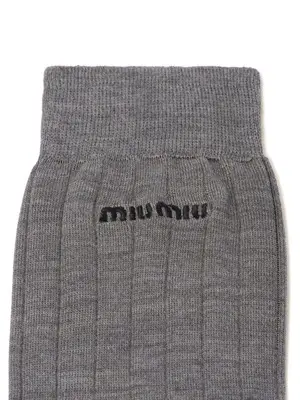 Miu Miu Ribbed Silk Blend Socks With Embroidered Logo - Grey