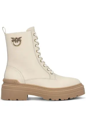Pinko Mia Leather Combat Boots - Neutrals