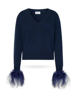 MILLY Wool Blend V Neck Sweater With Feather Trim - Navy