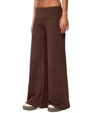 EDIKTED Wide-leg Fold-over Pants - Brown