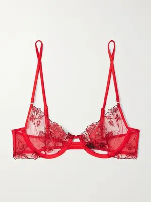 Kiki De Montparnasse Dominique Silk-blend Satin-trimmed Embroidered Tulle Underwired Soft-cup Bra - Red