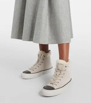Brunello Cucinelli Monili Shearling-trimmed High-top Sneakers - Beige