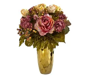 NEARLY NATURAL 19' Peony Artificial Arrangement In Gold Vase - One-color