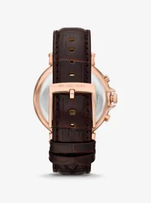 Michael Kors Silver and DK Brown Embossed Leather Watch Essex Silver-Tone and Crocodile Embossed Leather Watch in  main image 4