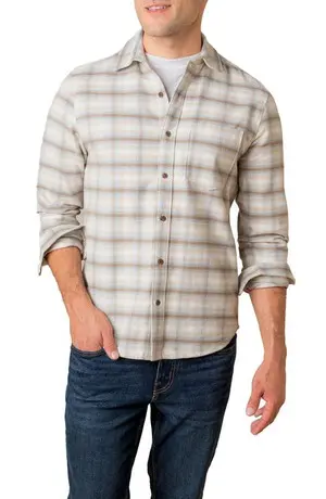 HOPE & HENRY Organic Long Sleeve Flannel Button Down Shirt - Taupe Ombre Plaid