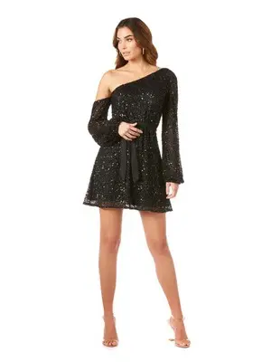 LARA NEW YORK Beaded One Shoulder Midi Dress - Black