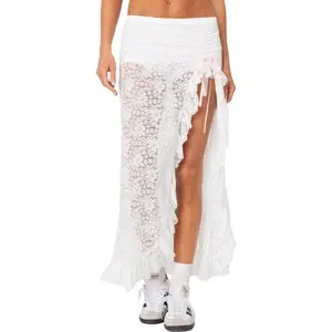 EDIKTED Ruffle Sheer Lace Maxi Skort - White