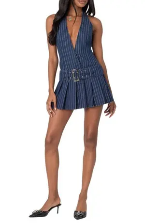 EDIKTED Pinstripe Belted Denim Minidress
