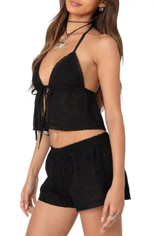EDIKTED Jael Eyelet Halter Crop Top - Black