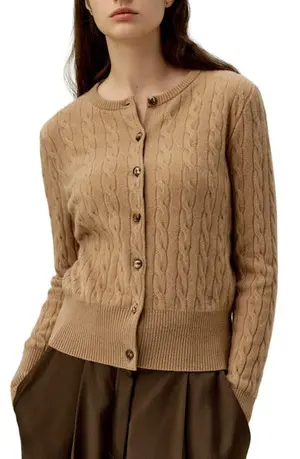 Lilysilk Baby Cashmere Cable-knit Crew Neck Cardigan - Camel