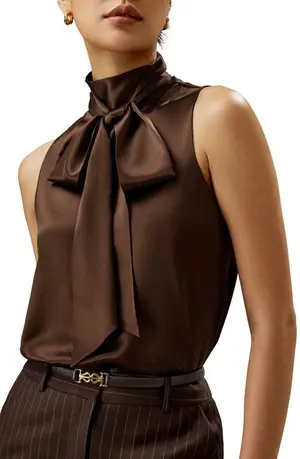 Lilysilk Sleeveless Silk Blouse With Tie Neck - Chocolate