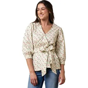 HOPE & HENRY Organic Puff Sleeve Wrap Top - Ivory Meadow Floral