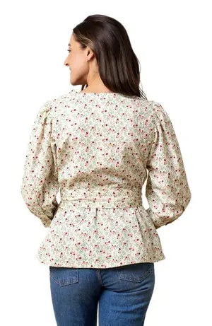 HOPE & HENRY Organic Puff Sleeve Wrap Top - Ivory Meadow Floral