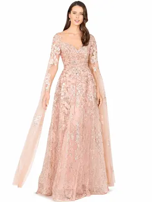 LARA NEW YORK Lace Gown With Cape Sleeves - Blush