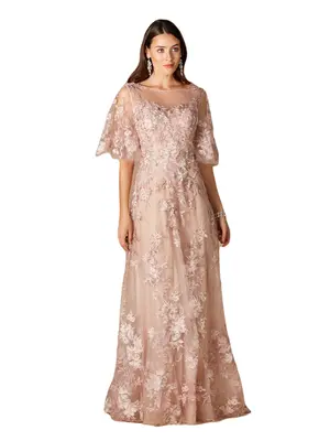 LARA NEW YORK Long Bell Sleeve Beaded Gown - Blush