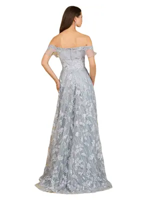 LARA NEW YORK Flutter Off-shoulder Lace Gown