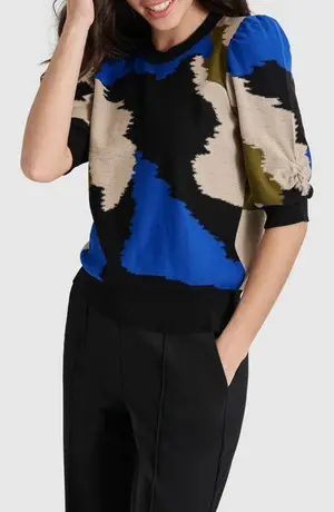 Dkny Colorblock Puff Sleeve Sweater - Lapis Blue Multi