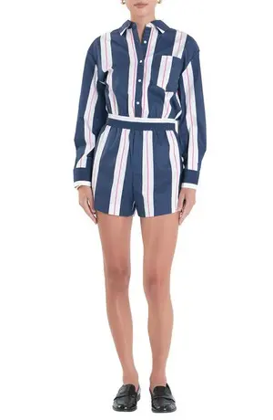 English Factory Stripe Cotton Romper - Navy/white