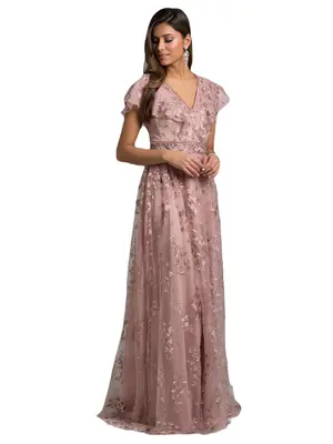 LARA NEW YORK Embellished Lace A-line Gown - Mauve