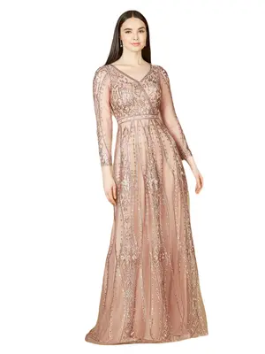 LARA NEW YORK Long Sleeve Beaded Gown