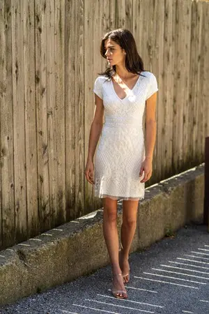 LARA NEW YORK Embellished Cap Sleeve V-neck Sheath Mini Dress - Ivory