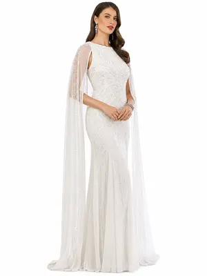 LARA NEW YORK Eve Beaded Cape Sleeve Wedding Dress