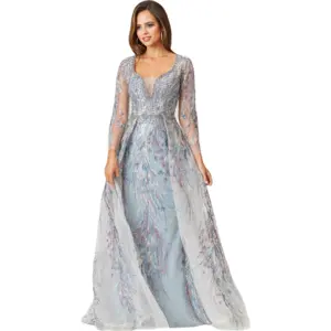 LARA NEW YORK Long Sleeve Lace Gown With Overskirt - Multi