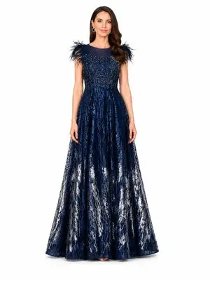 LARA NEW YORK Ombre Lace Ballgown With Feather Cap Sleeves And Rhinestone Embellishments - Navy
