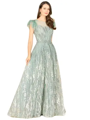 LARA NEW YORK Ombre Lace Ballgown With Feather Cap Sleeves And Rhinestone Embellishments - Sage