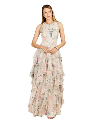 LARA NEW YORK High Neck Printed Dress With Ruffled Skirt