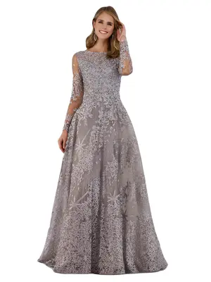 LARA NEW YORK Long-sleeve Embellished Ball Gown - Stone