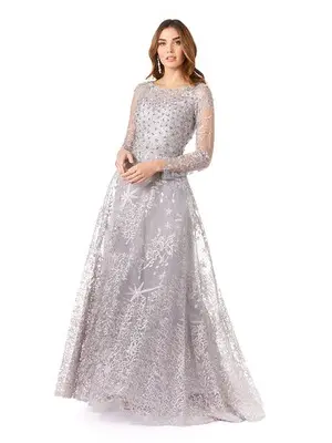 LARA NEW YORK Long-sleeve Embellished Ball Gown - Stone