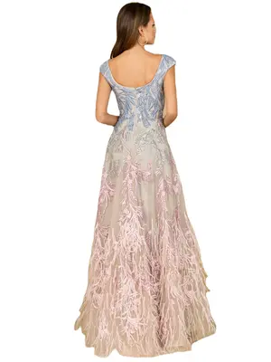 LARA NEW YORK Cap Sleeves Feather Detail Ballgown
