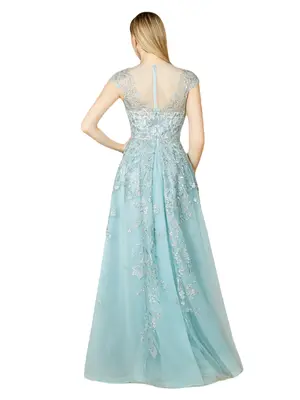 LARA NEW YORK Long Bell Sleeve V-neck Beaded Gown