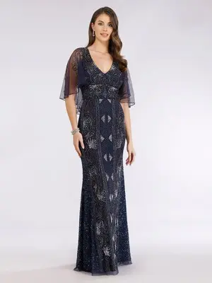 LARA NEW YORK Cape Sleeve Beaded Gown