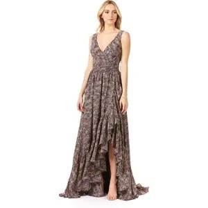 LARA NEW YORK V-neck Printed Hi-low Gown
