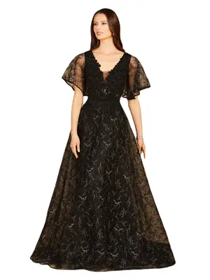 LARA NEW YORK Cape Sleeve Beaded Gown - Black