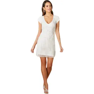 LARA NEW YORK Candie Beaded Mini Dress With Fringe - Ivory